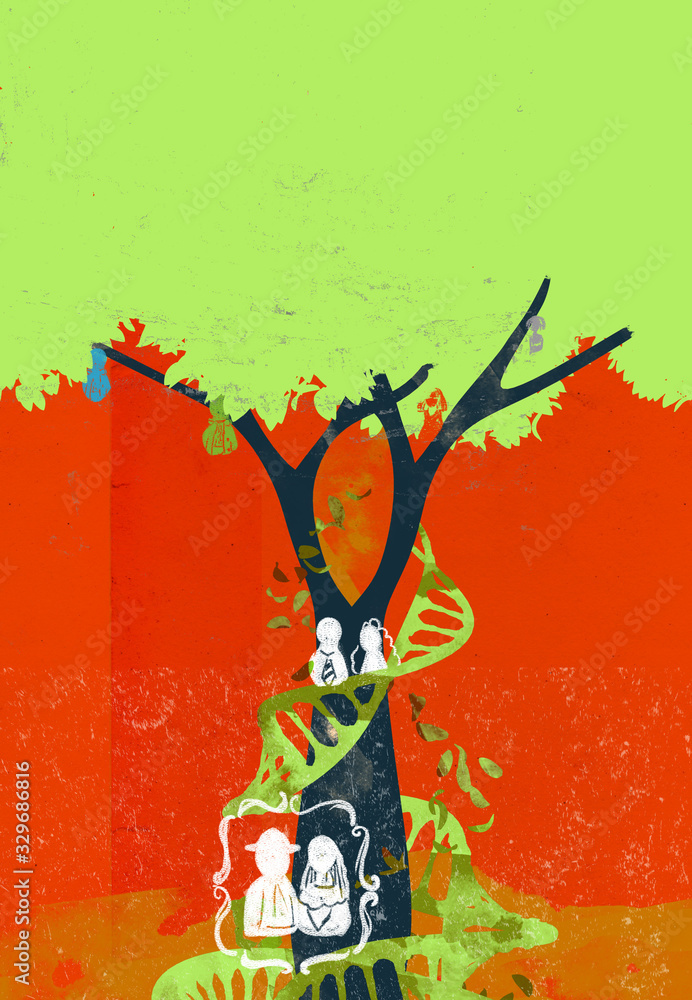 A DNA string growing surronding a tree with sketches of portraits of a ...