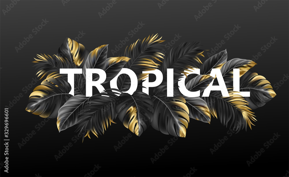 Tropical lettering on a black background from golden tropical leaves of ...