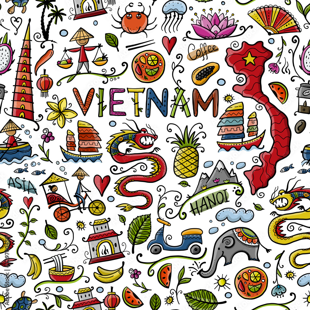 Travel to Vietnam. Seamless pattern with traditional Vietnamese ...