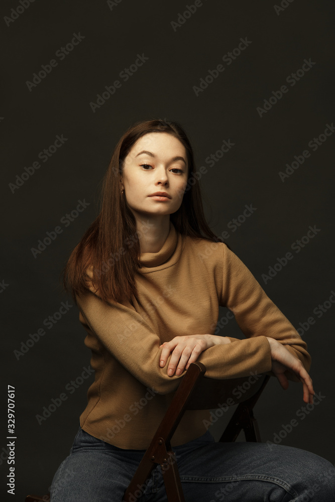 Professional model and posing. Model tests of a girl in a Studio with a ...
