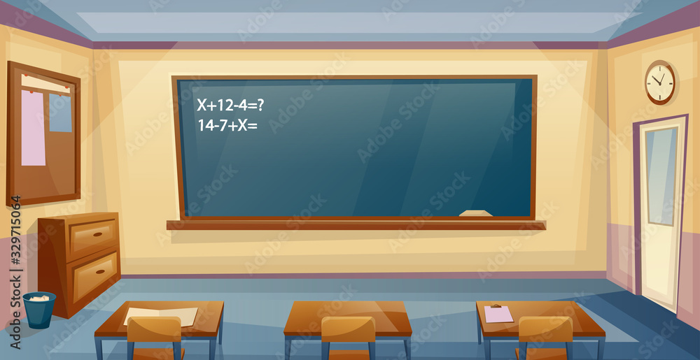 School Classroom Interior with desk and board. Lesson. Empty University ...
