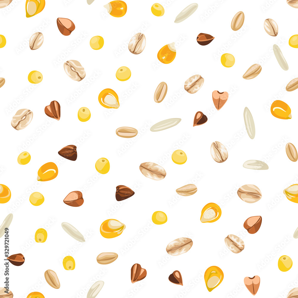 Grains seamless pattern. Corn, oat, millet, buckwheat, rice and wheat ...