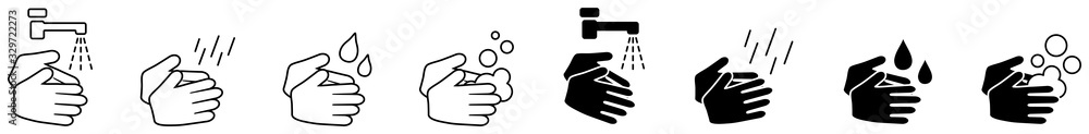 Wash your hands icons set, simple black and white hand drawing with ...