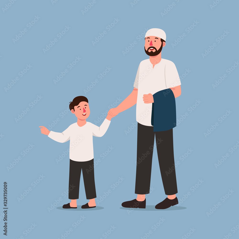 Muslim Father and Son Walk Together Cartoon Flat Illustration Stock ...