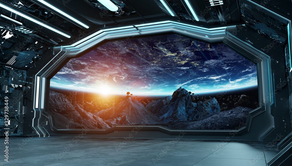 Dark blue spaceship futuristic interior with window view on space and ...