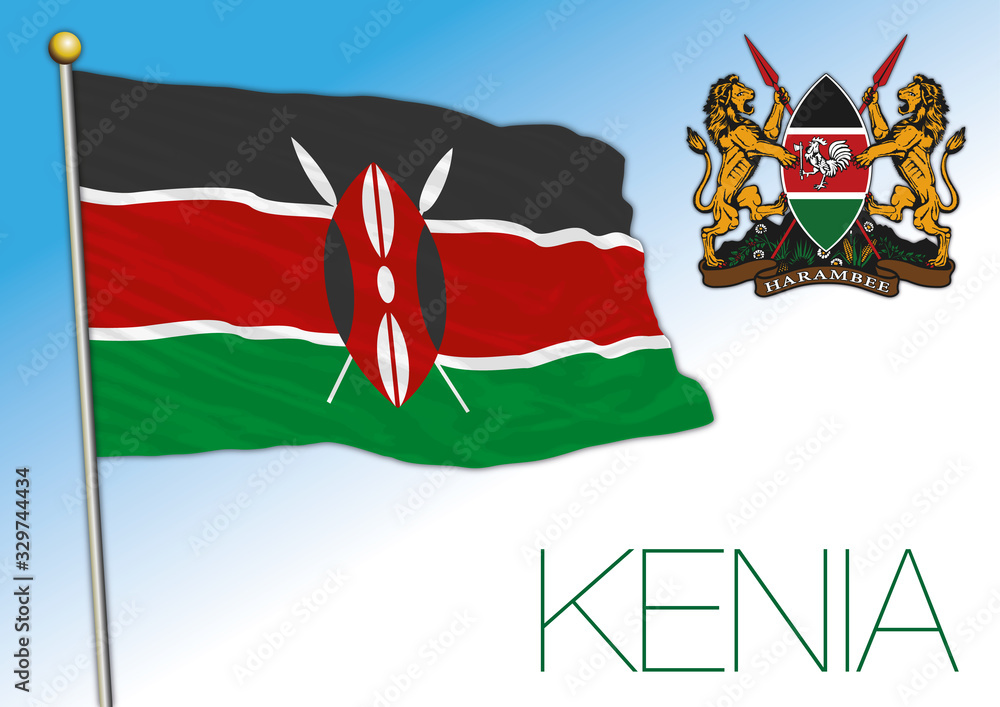 Kenia official national flag and coat of arms, africa, vector ...