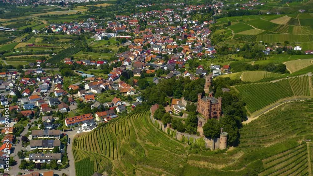 Aerial view of the village and castle palace Ortenberg in Germany on a ...