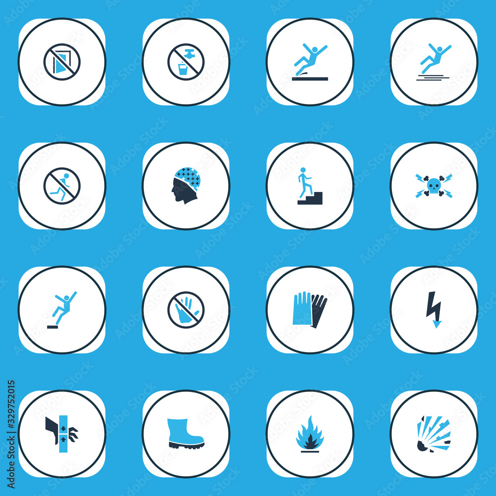 Safety icons colored set with stop, fall hazard, no running and other ...