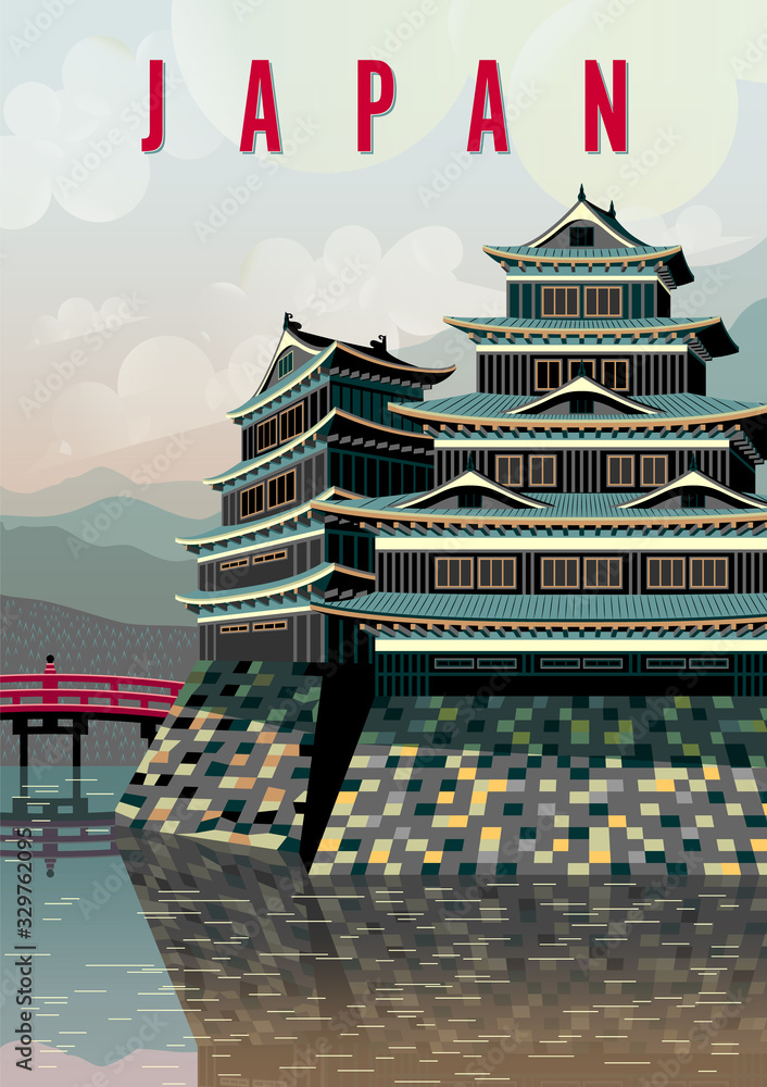 Japan travel poster with traditional castle and bridge in the first ...