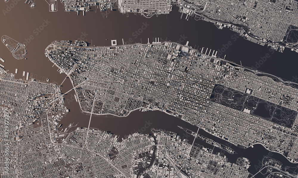 New York city map 3D Rendering. Aerial satellite view. Stock ...