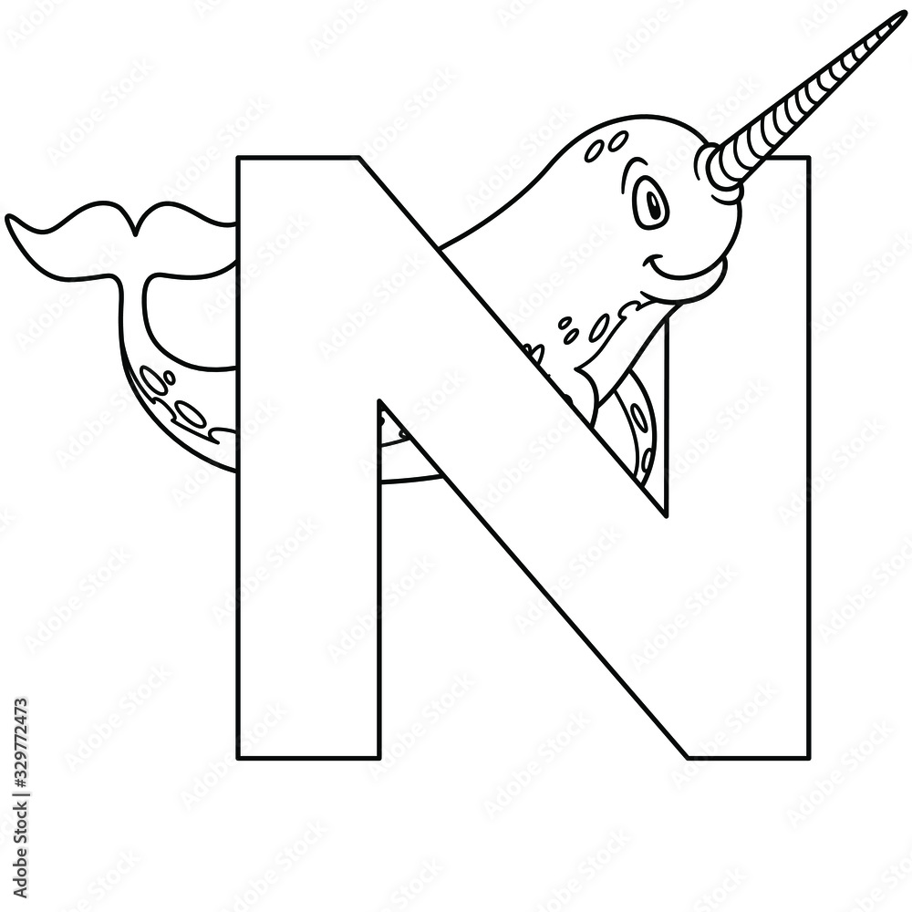 animal alphabet. capital letter N, Narwhal. vector illustration. For ...