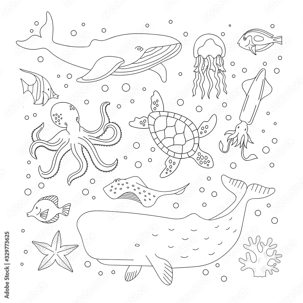 Set of marine inhabitants. Underwater sea fauna. Blue whale, sperm ...