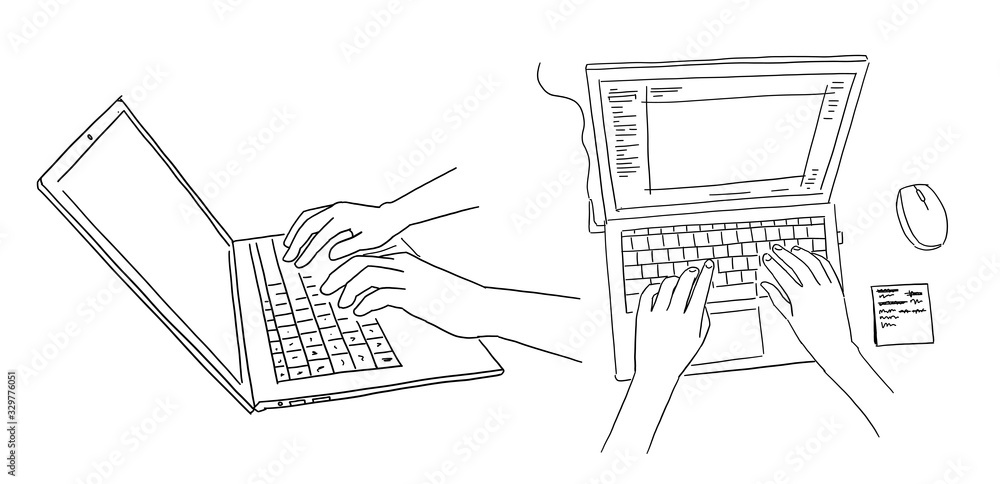 Hands and laptop. Keyboard typing. Side view. View from above. Work on ... Hands and laptop. Keyboard typing. Side view. View from above. Work on ...
