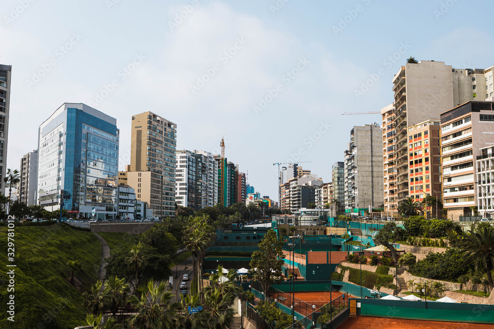 View of the coastal promenade of Lima in the dsitrict of Miraflores ...