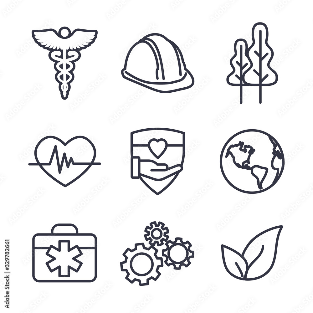 Health Safety and Environment Icon Set with medical, safety, & leaves ...