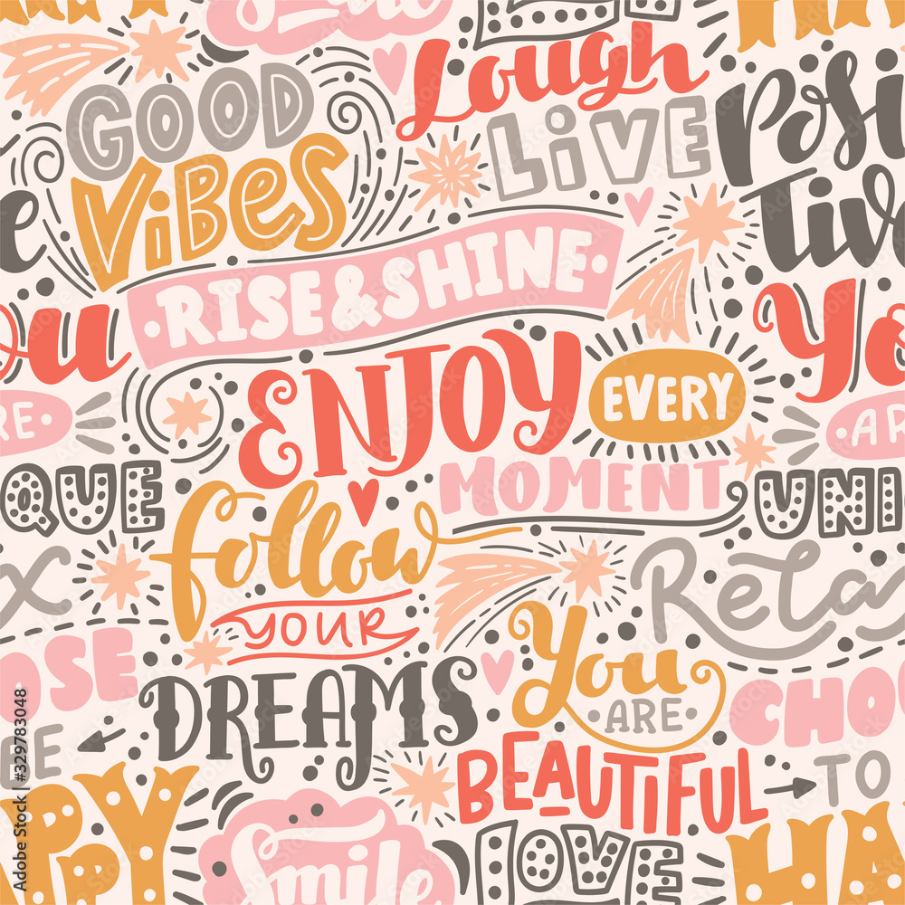 Lettering seamless pattern positive words. Sweet cute inspiration ...