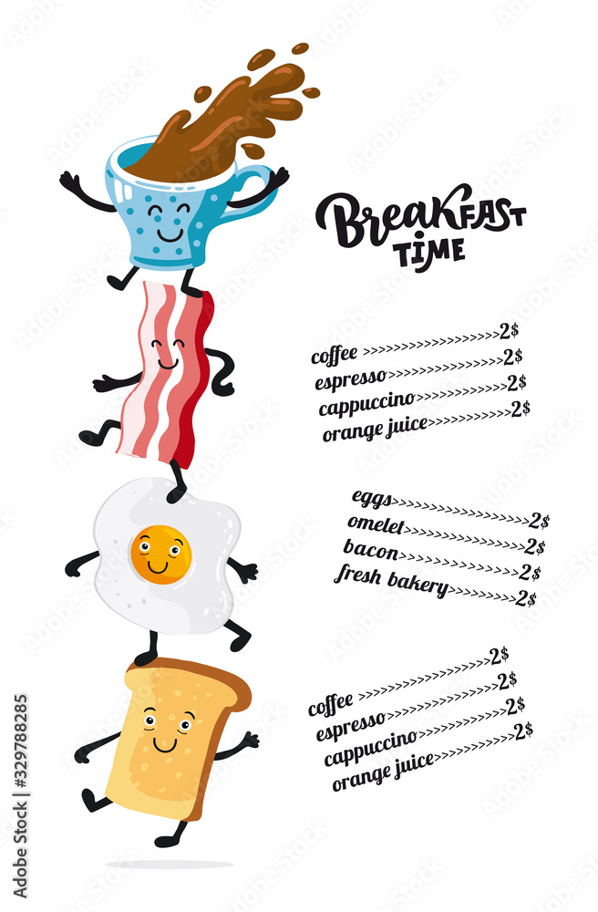 Breakfast menu. Vector placemat or poster with calligraphy lettering ...