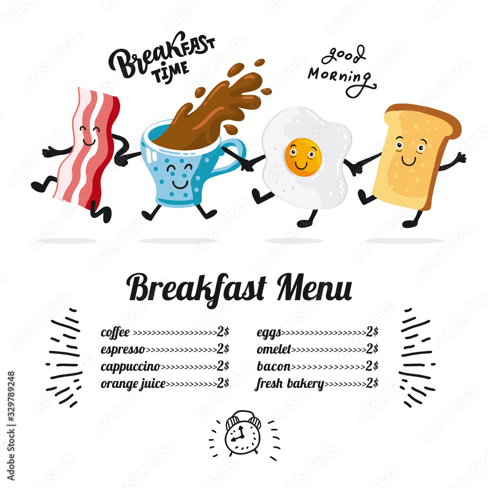 Breakfast menu. Vector placemat or poster with calligraphy lettering ...