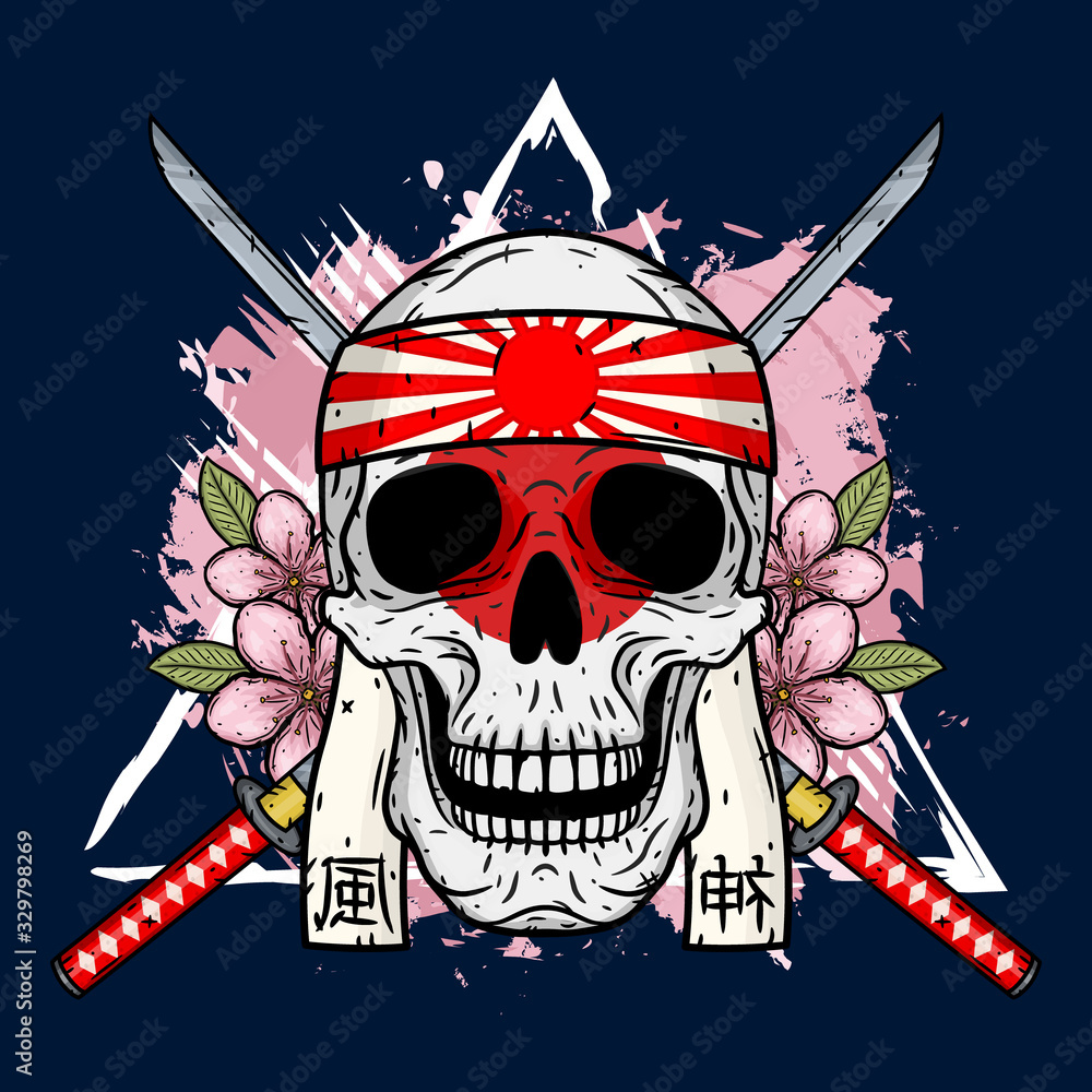 Skull of kamikaze with crossed katanas. Cartoon skull. Vector ...