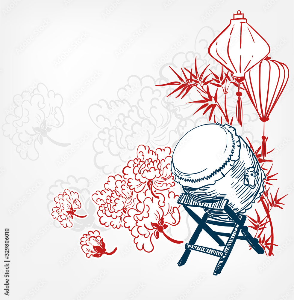 taiko drum japanese vector sketch illustration engraved chinese musical ...