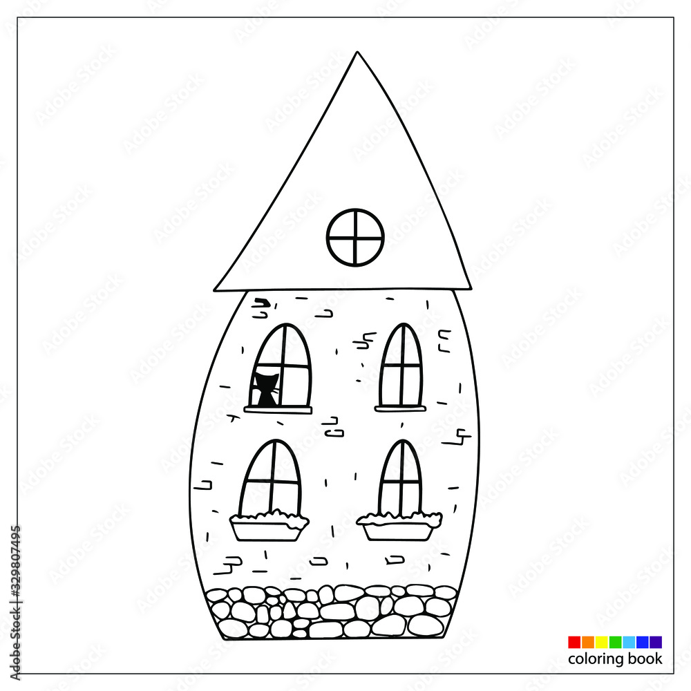 Linear drawing of a fairy-tale house, for printing, coloring, and other ...