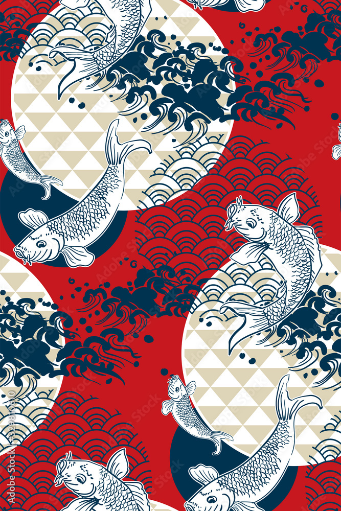 koi fish wave water circles japanese chinese vector design pattern ...