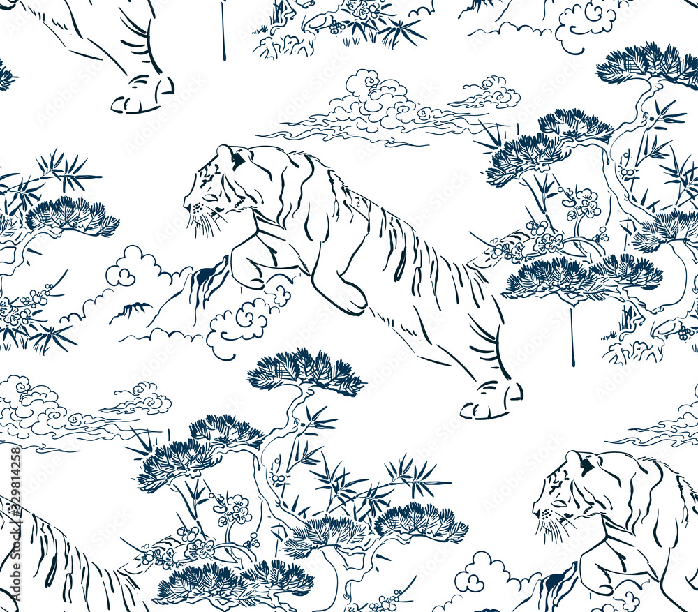 japanese chinese vector design seamless pattern tiger nature Stock ...