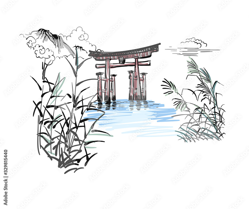 temple nature landscape view vector sketch illustration japanese ...