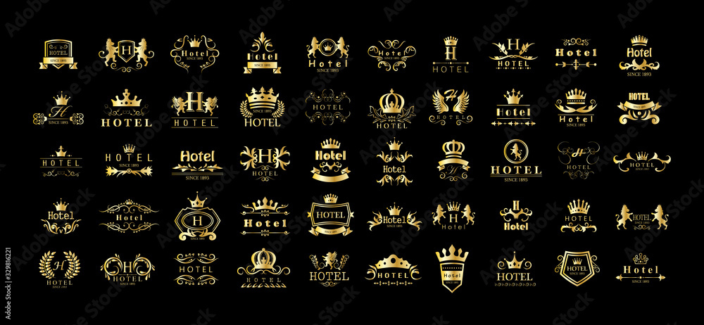 Golden Hotel Luxury Logo Set - Isolated On Black Background, Vector ...