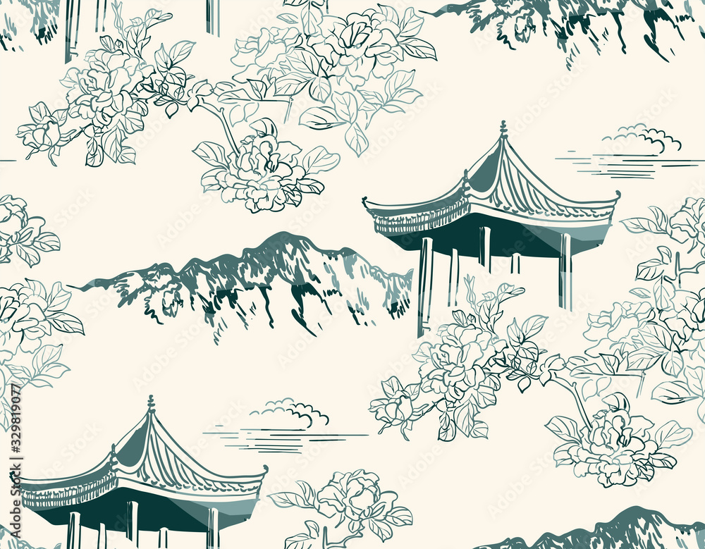 mountain flower blossom arbor nature landscape view vector sketch ...