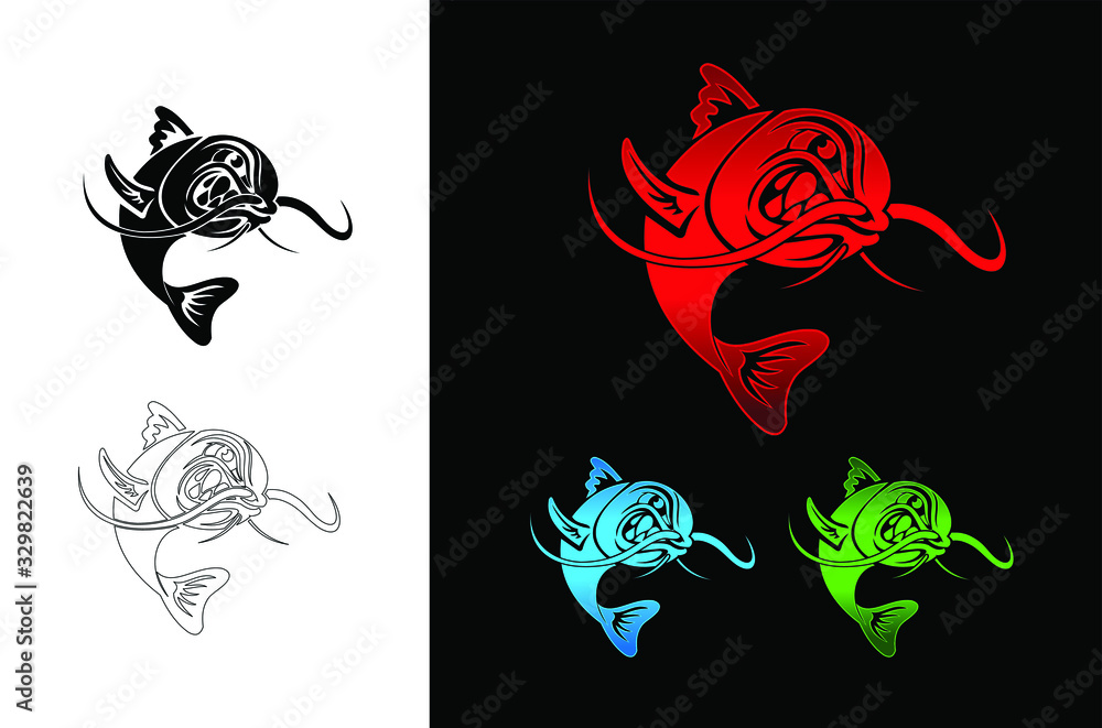 set of Cat Fish Logo vector format in Red, Blue and green color option ...