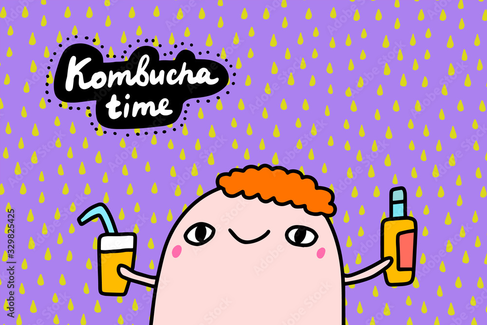 Kombucha time hand drawn vector illustration in cartoon comic style man ...