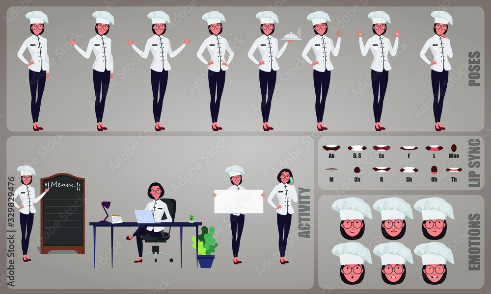Woman Chef or cook character Set. Collection of character body Poses ...