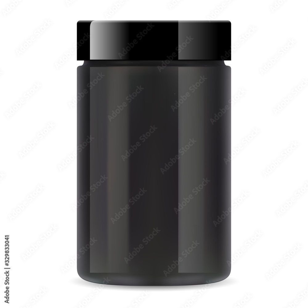 Black plastic jar. Protein supplement container mockup. Whey protein ...