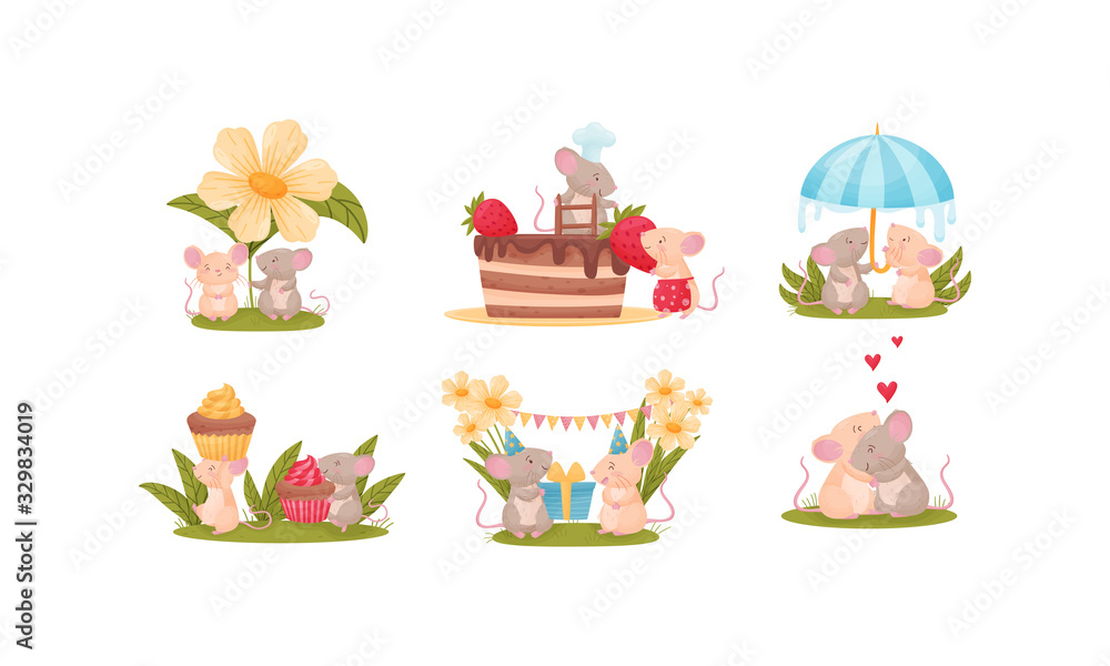 Cartoon Mice Characters Decorating Cake and Embracing Each Other Vector ...