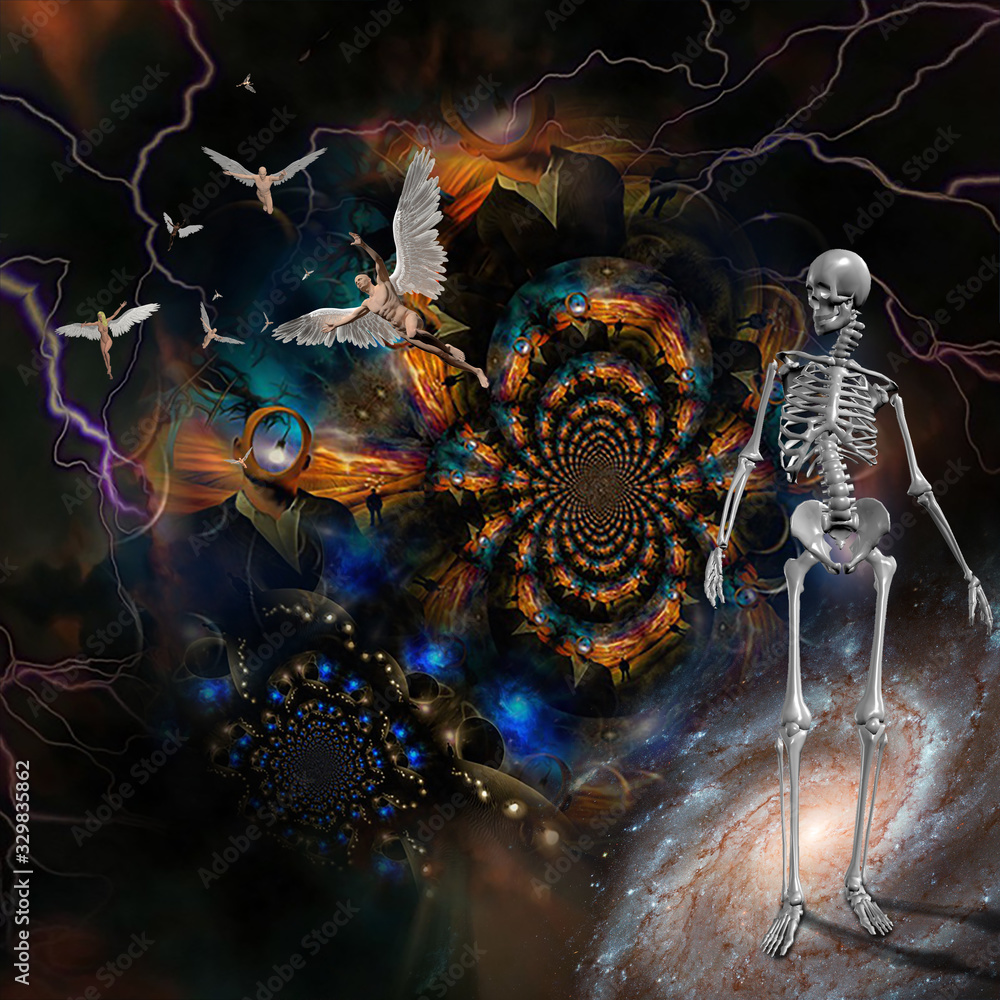 Surrealism. Men with wings symbolizes angels. Skeleton represents death ...