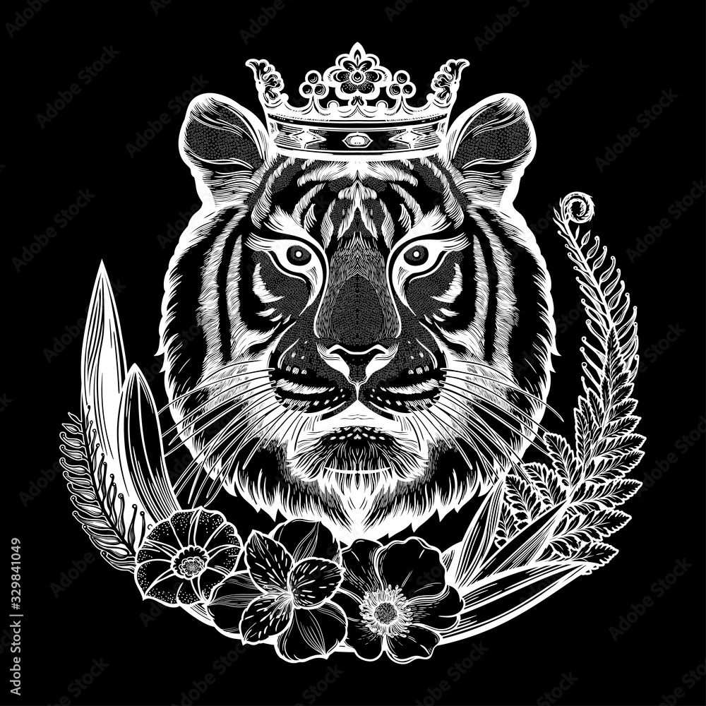 Tiger portrait in tropical flowers frame. Dreamy magic art. Night ...