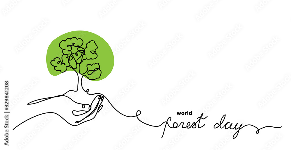 World forest day vector sketch, background. Green tree in hand concept ...
