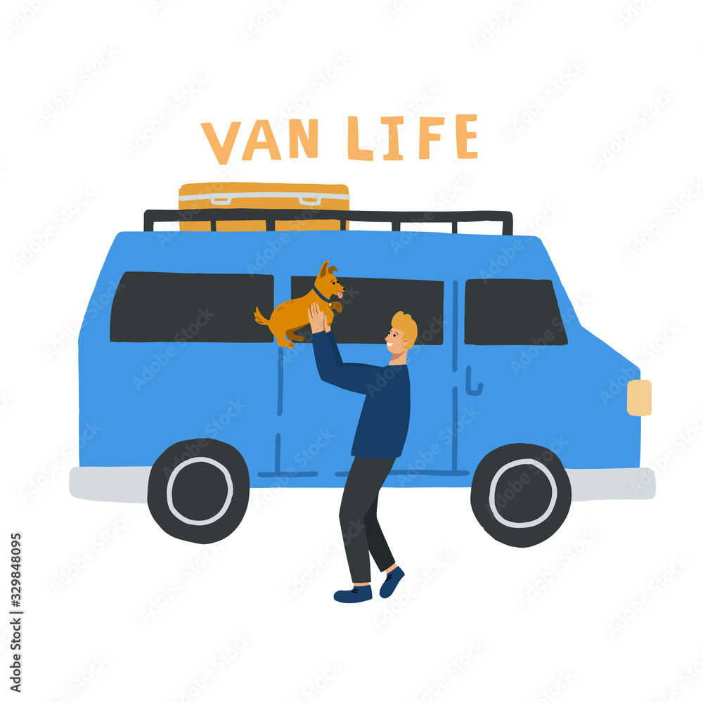 Single man living in a van with a dog. Hand drawn vector illustration ...
