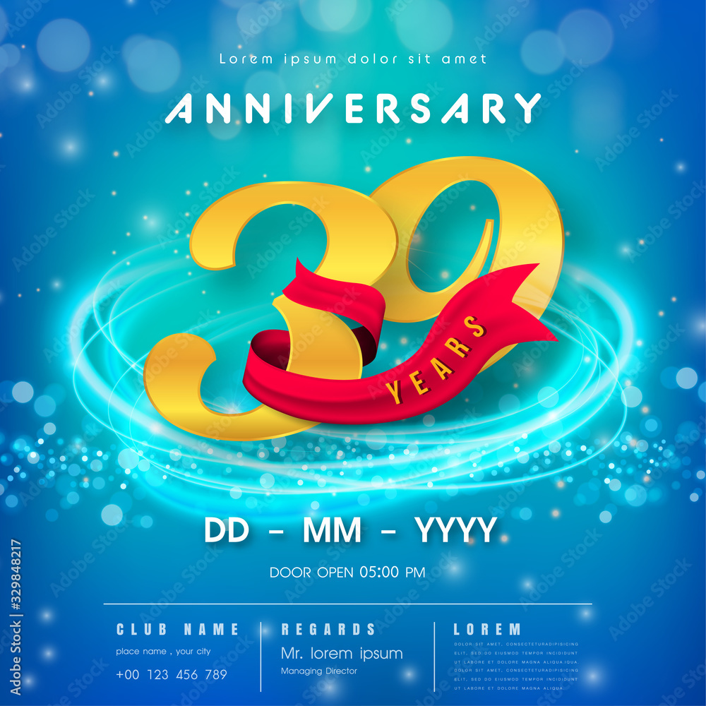 39 years anniversary logo template on blue Abstract futuristic space ...