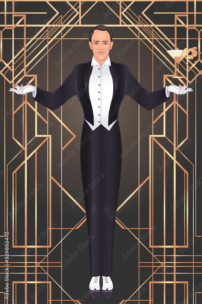 Art Deco vintage invitation template design with illustration of man ...