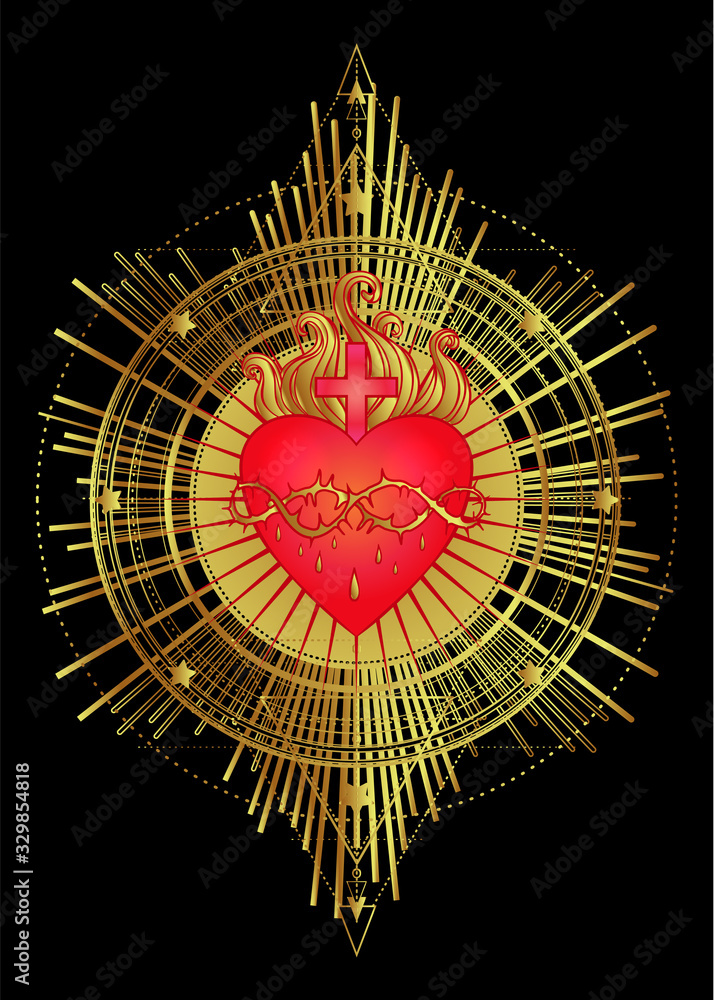 Sacred Heart of Jesus with rays. Vector illustration in red and gold ...