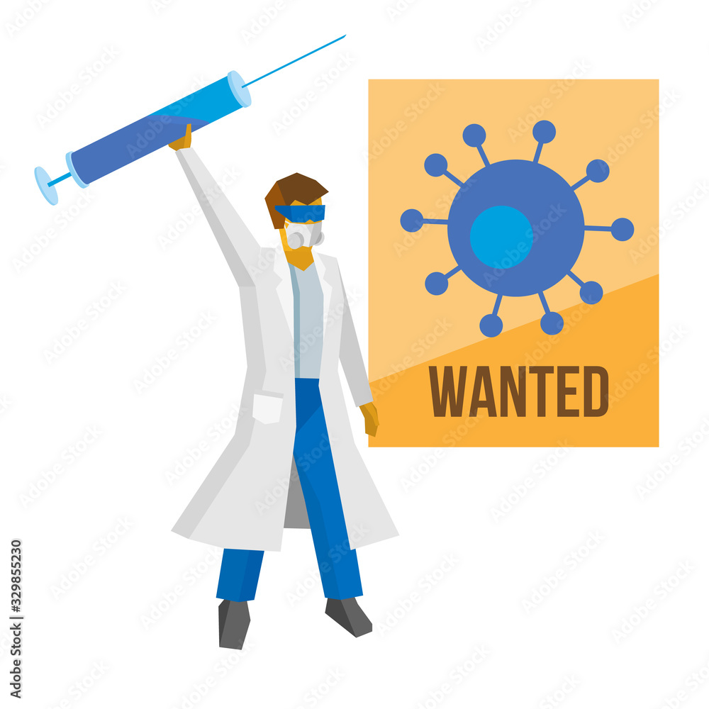 Cartoon doctor or scientist with big syrenge show Wanted poster with ...