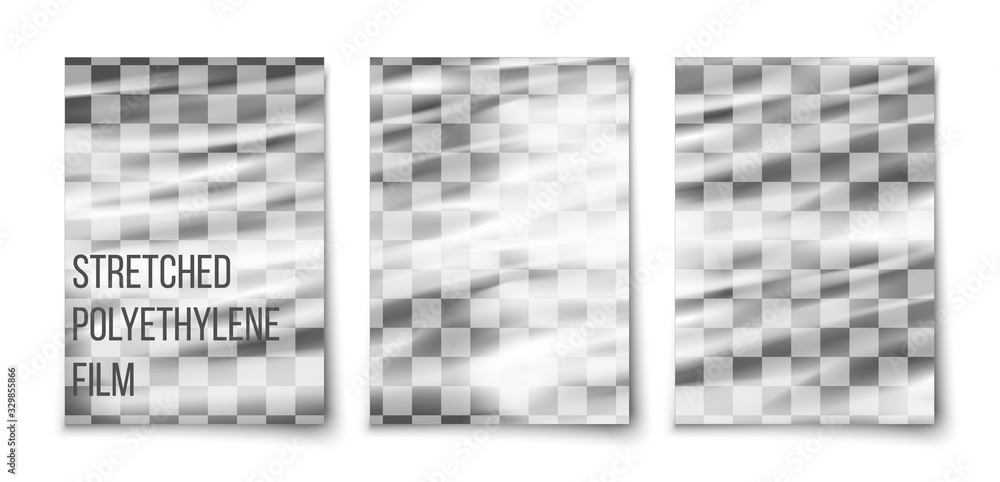 realistic stretched polyethilene plastic film on transparent cover ...