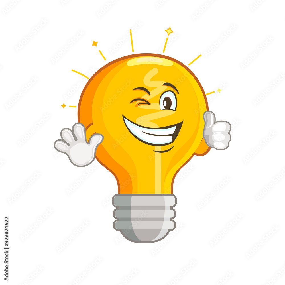 Shining yellow light bulb isolated on white background. Smiling ...