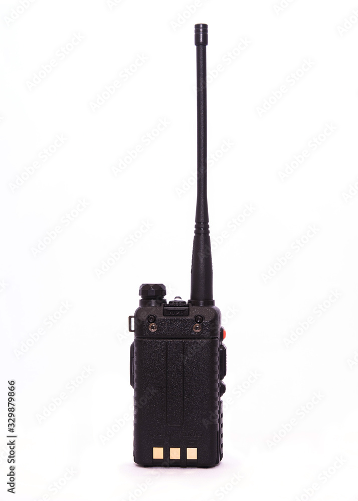 back view of black portable radio transceiver with antenna isolated on ...