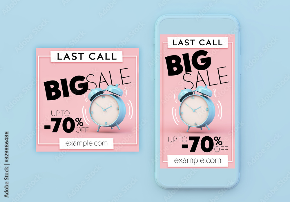 Pink Social Media Post Layout Set with Blue Clock Illustration Stock ...