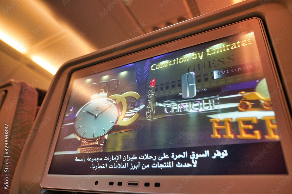 DUBAI, UAE - CIRCA JANUARY 2019: close up shot of a seat-back screen ...