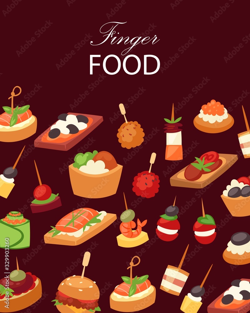 Finger food with shrimps, fish, olives and green vegetables appetizer ...