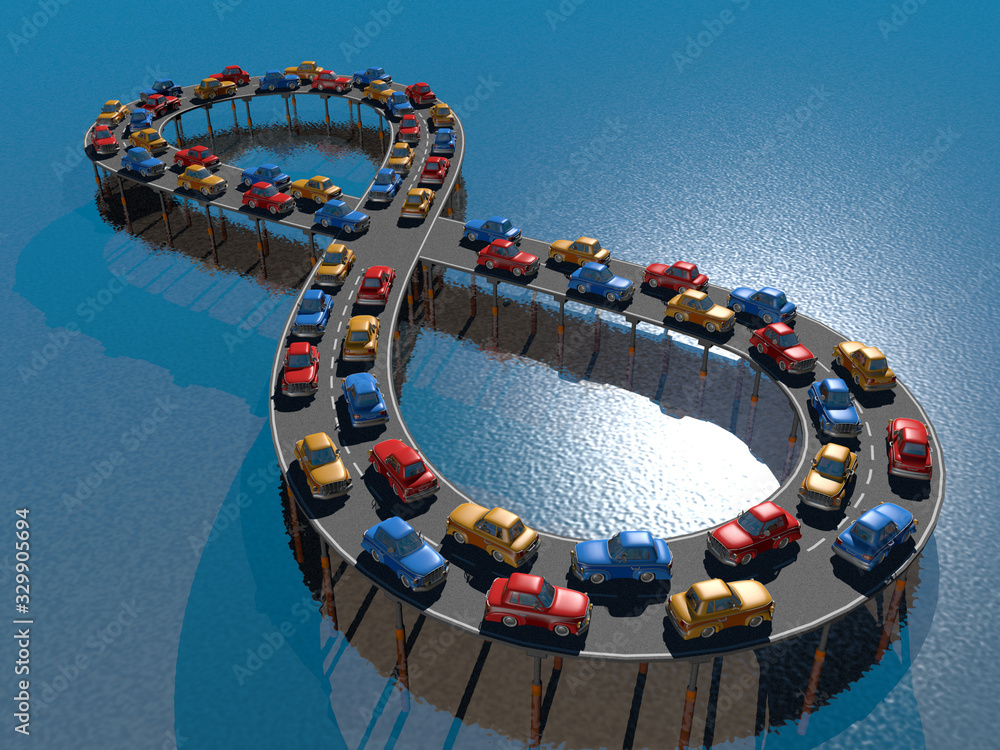 A string of cars moving across the bridge in the form of an infinity ...